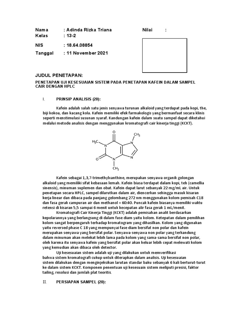 Lapsus Uji Kesesuaian Kafein (HPLC Agilent) - Adinda Rizka Triana | PDF