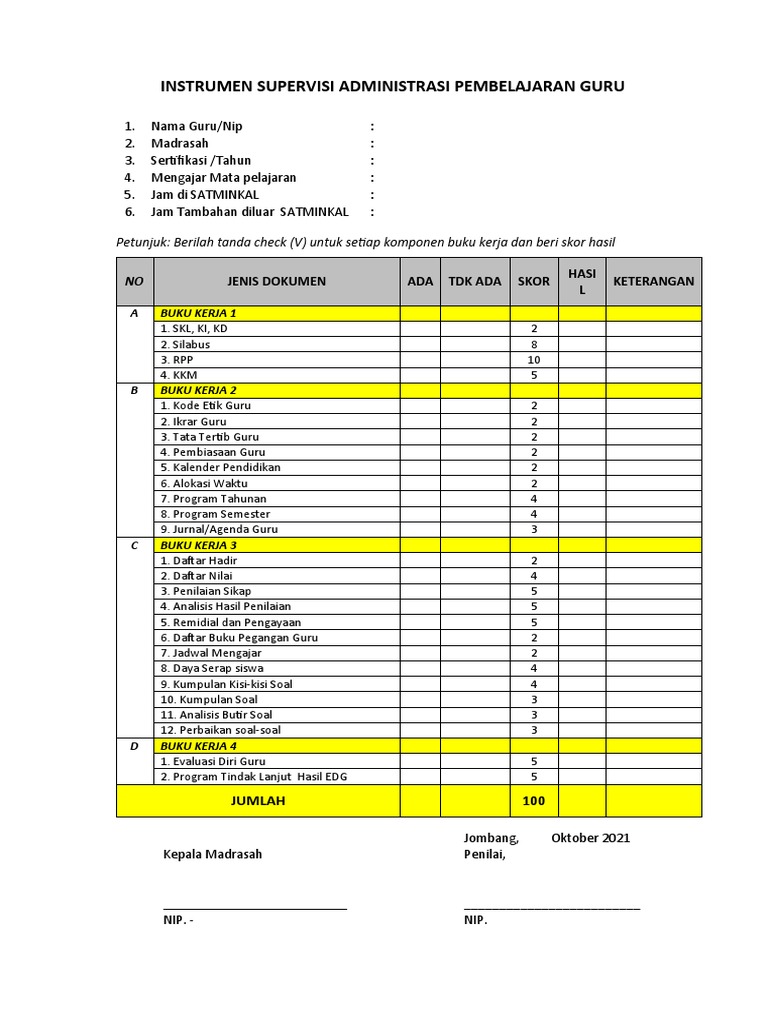 Manual Instrumen Supervisi Buku Kerja | PDF