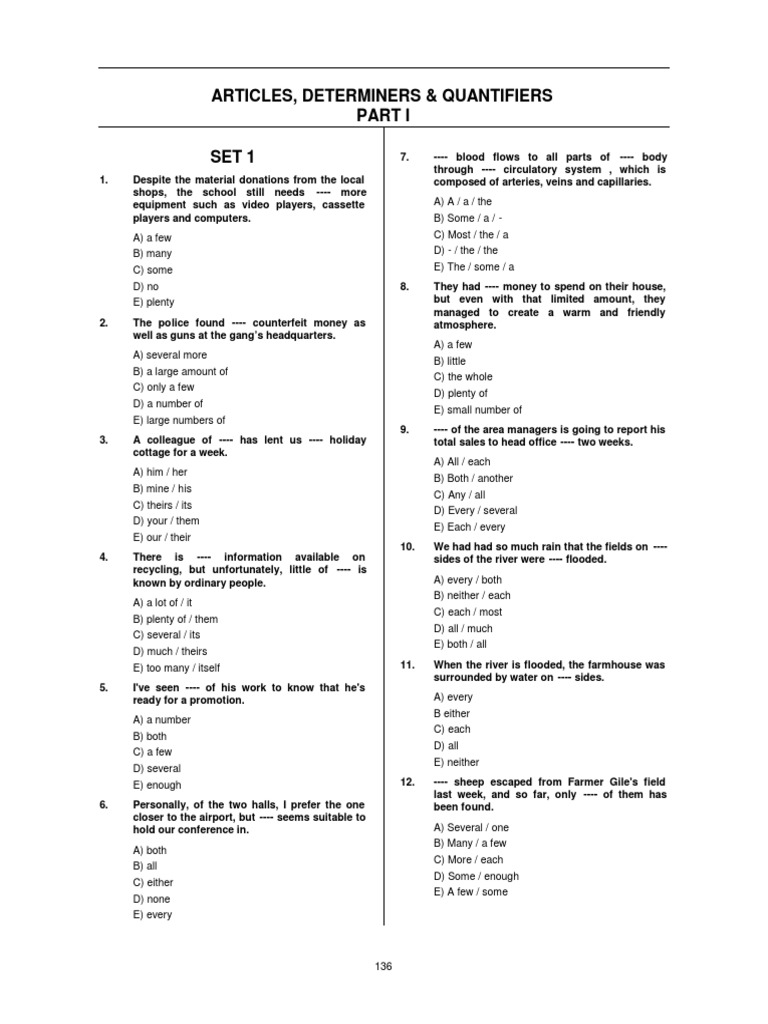 Articles, Determiners, and Quantifiers Test | PDF