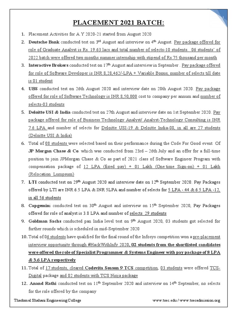 Placement of Current Final Year Students Passing in July 2021 Report Till 30th November 2020 ...