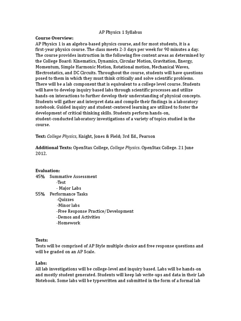 AP Physics 1 Syllabus 2022 | PDF | Waves | Collision