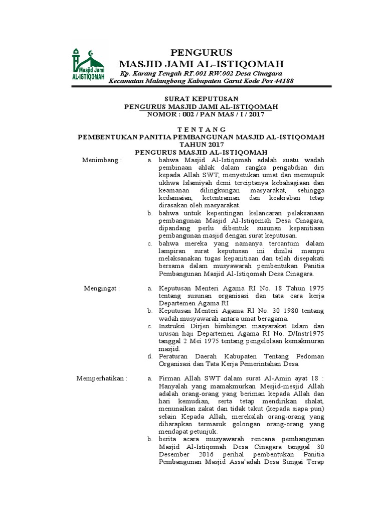 SK PENGURUS TAKMIR MASJID Al ISTIQOMAH 2016-2019 | PDF
