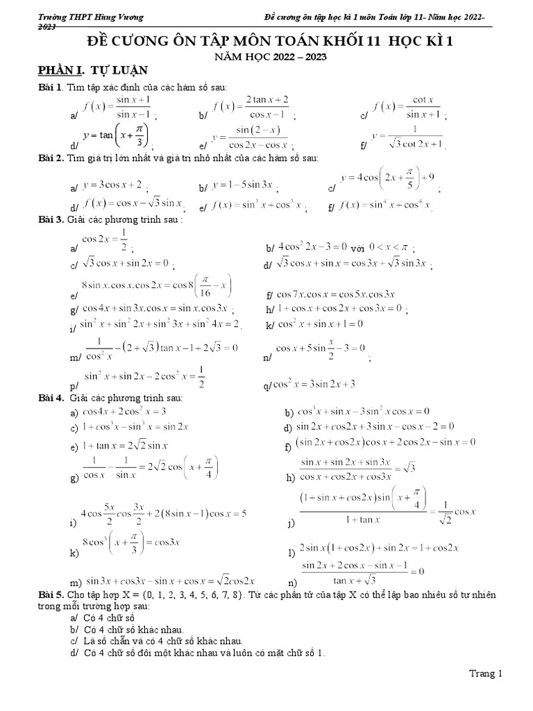 De Cuong HK1 Toan Lop 11 Nam 2022 2023 - HS | PDF