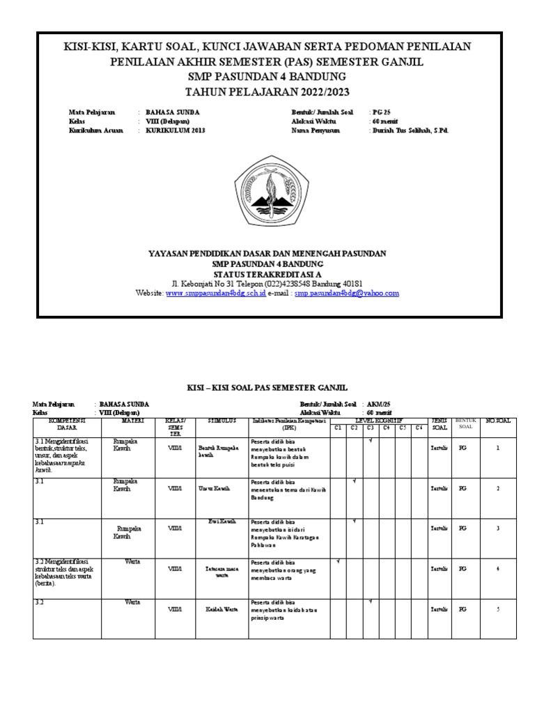 Kisi Kisi Soal Pas Sunda Kelas 8 Ganjil 22 23 | PDF