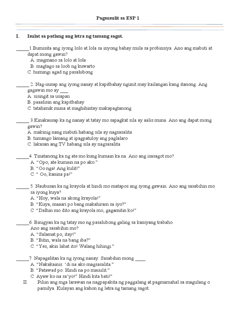 Lingguhang Pagsusulit Sa ESP Week 1 2 | PDF