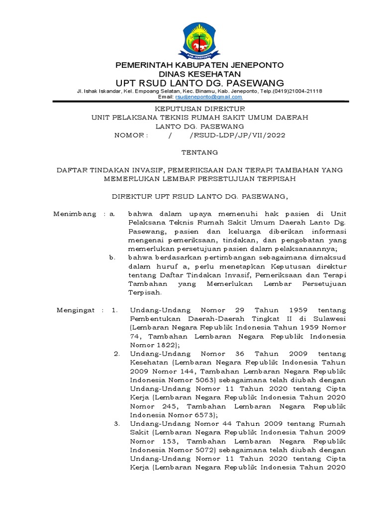 SK Daftar Tindakan Invasif, Pemeriksaan Dan Terapi Tambahan Yang ...