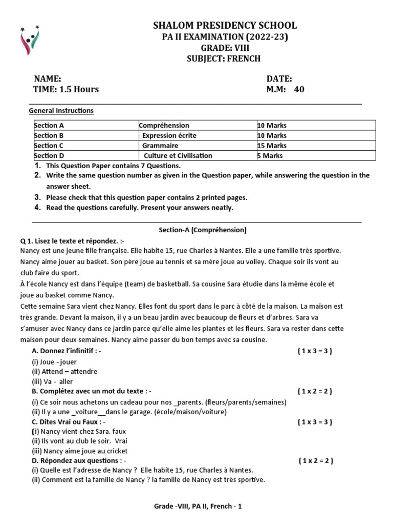 French Grade 8 PA II 2022-2023 | PDF | Linguistique