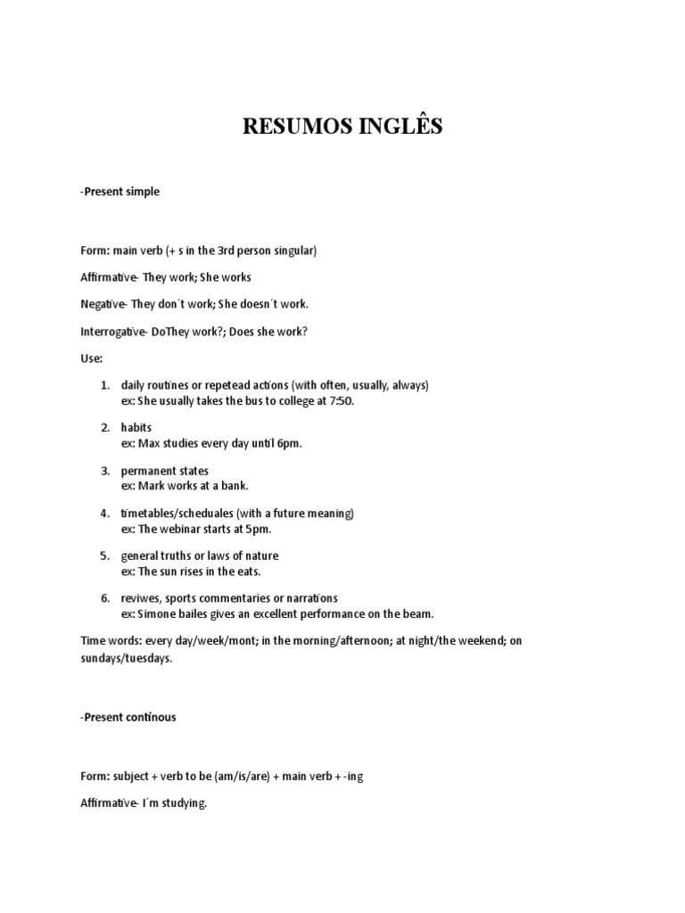 Resumos Inglês | PDF | Verb | Sentence (Linguistics)