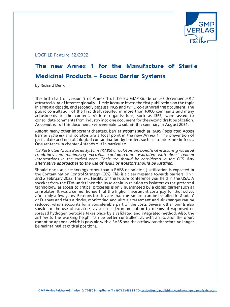 Logfile Feature The New Annex 1 For The Manufacture of Sterile Medicinal Products | PDF
