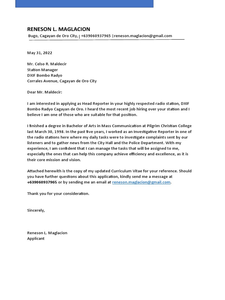 Sample Application Letter | PDF | Communication