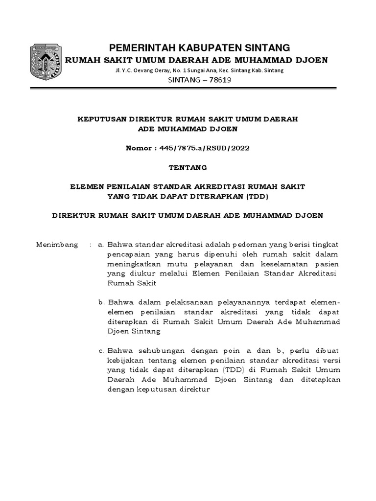 SK DAN LAMPIRAN TDD RSUD Ade M. Djoen | PDF | Teknologi & Rekayasa