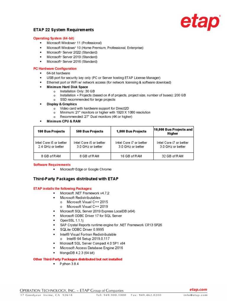 ETAP 22 - System Requirements | PDF | Microsoft Sql Server | Intel