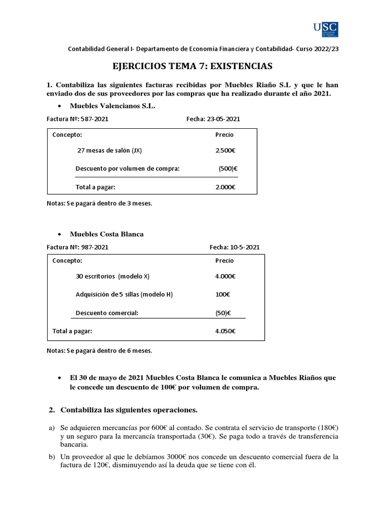 Ejercicios Contabilidad: Existencias | PDF | Finanzas y dinero