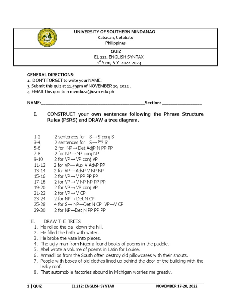 4 Quiz Syntax Pdf Human Communication Cognitive Science