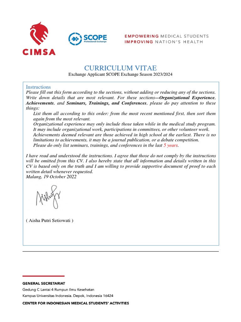 SCOPE CIMSA Exchange Applicant Curriculum Vitae 2023-2024 | PDF ...