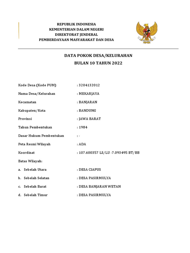 I Putu Rizkiano Pramana Darsana - Form Data Pokok Desa-Kel Profil Desa 1 Word | PDF