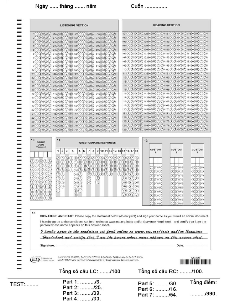 Mẫu Phiếu Tô Đáp Án TOEIC | PDF
