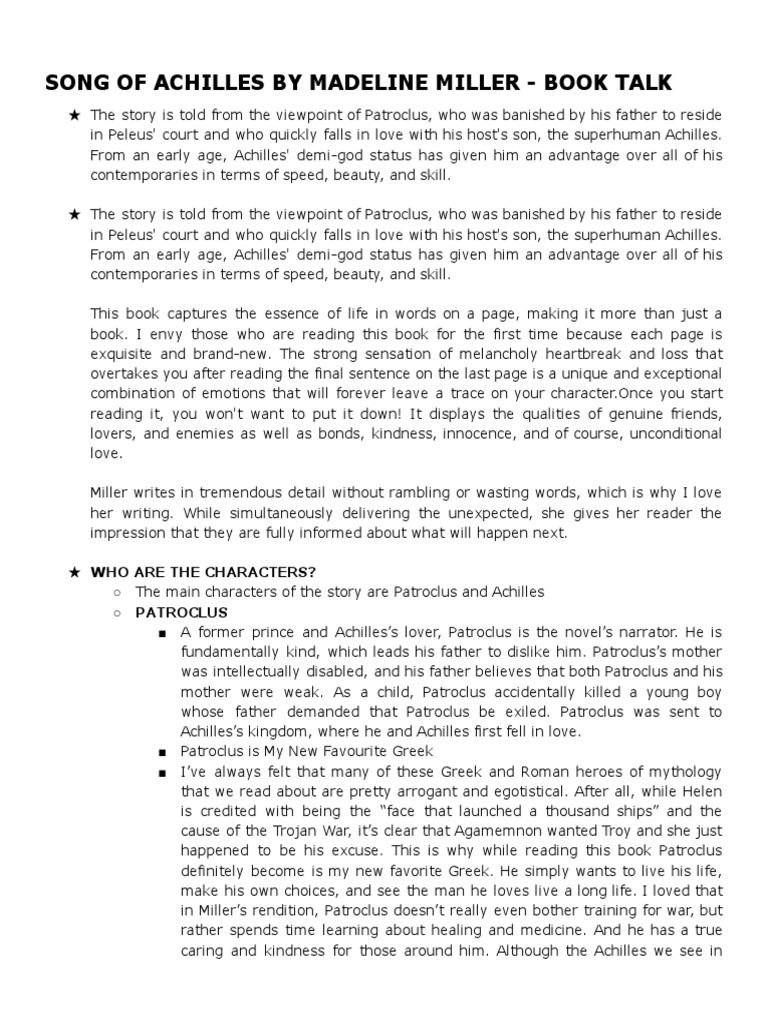 Song of Achilles Book Talk | PDF | Achilles | Agamemnon