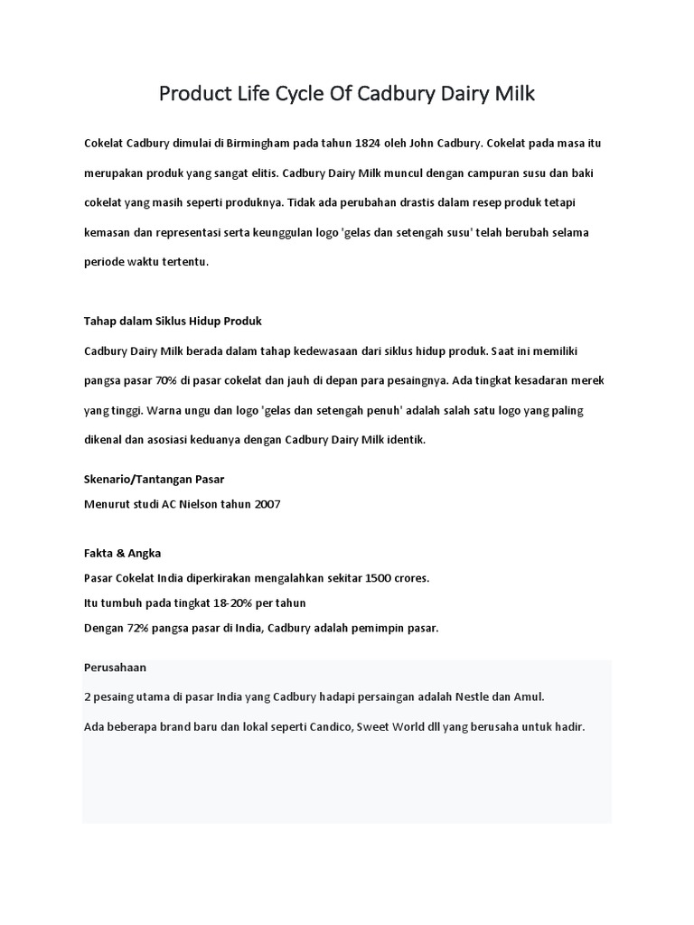 Product Life Cycle of Cadbury Dairy Milk | PDF | Kesehatan Holistik
