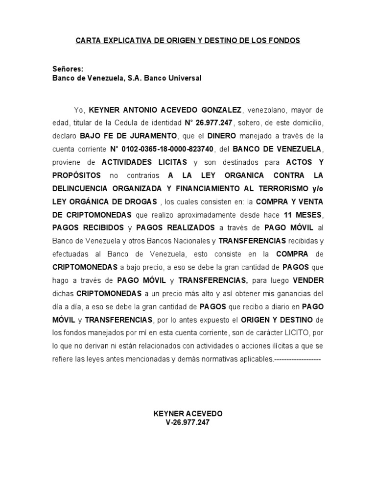 Carta Explicativa de Origen y Destino de Los Fondos Keyner Acevedo | PDF