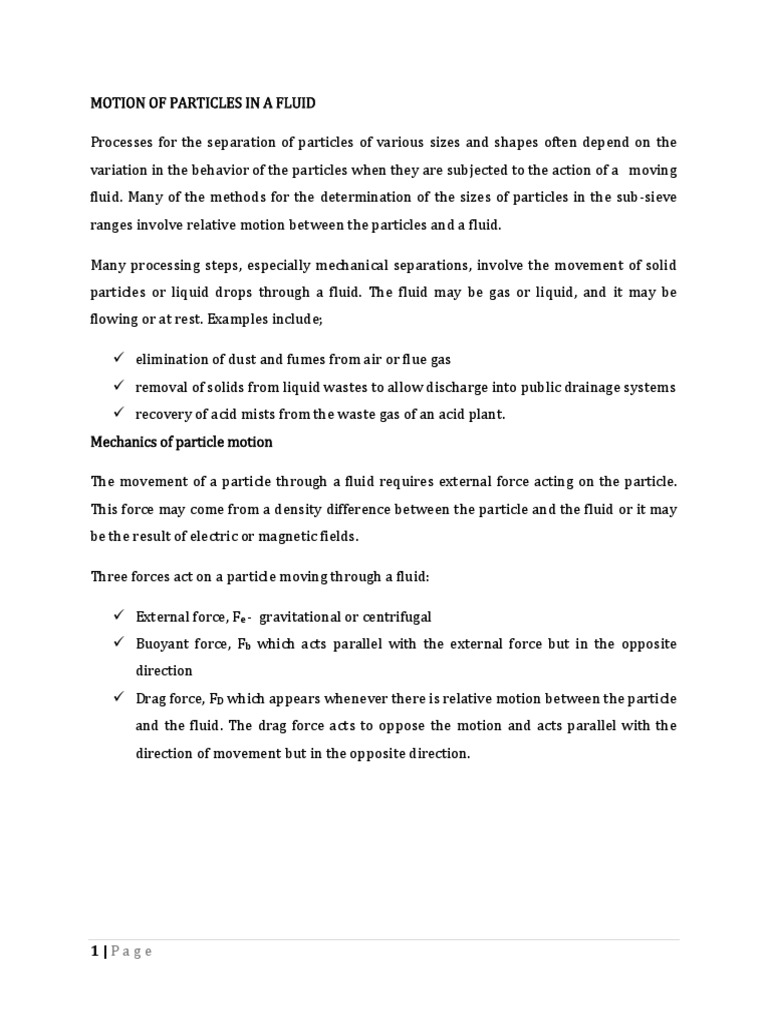 Motion of Particles in Fluids | PDF | Force | Drag (Physics)