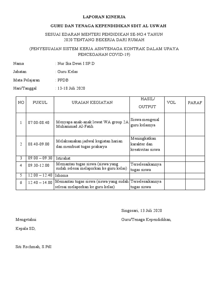 Format Laporan Kinerja Guru Dan Pegawai | PDF