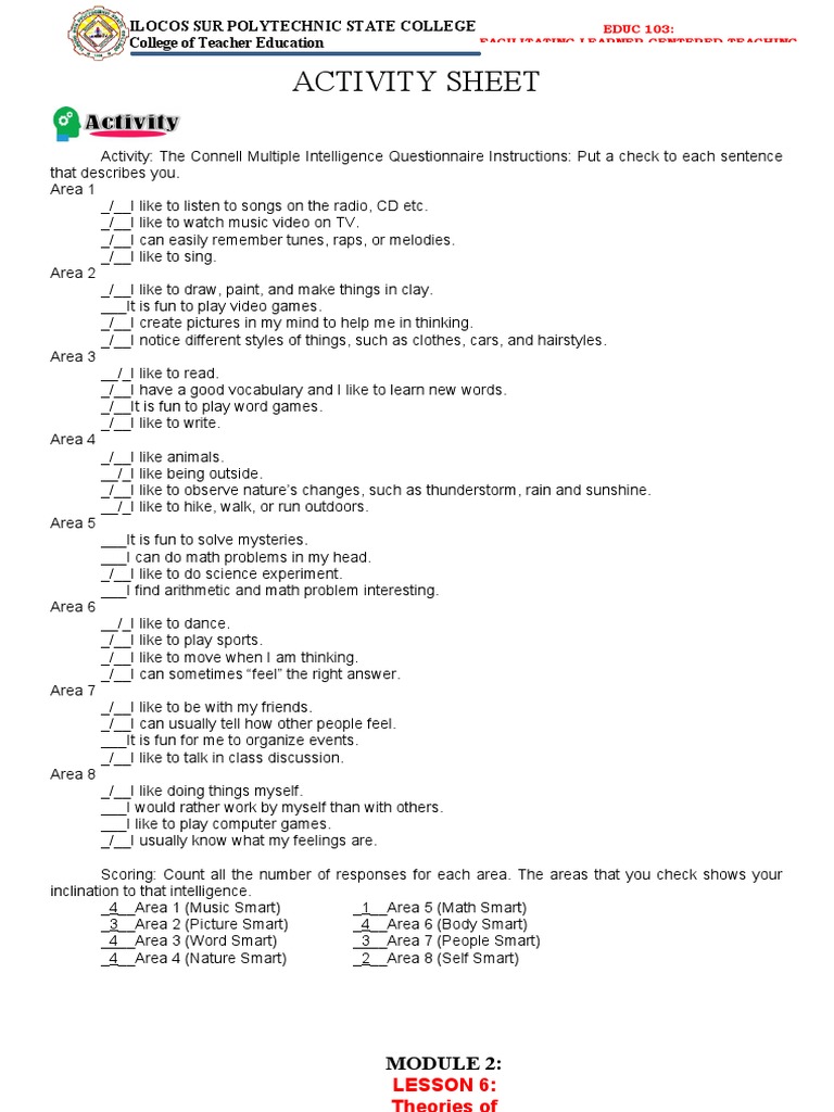 Activity Sheet Module 2 - Lesson 6 | PDF | Intelligence | Learning