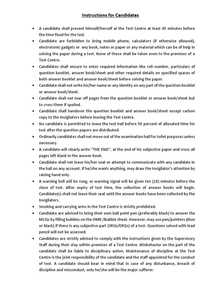 Examination Instructions for Candidates | PDF | Books