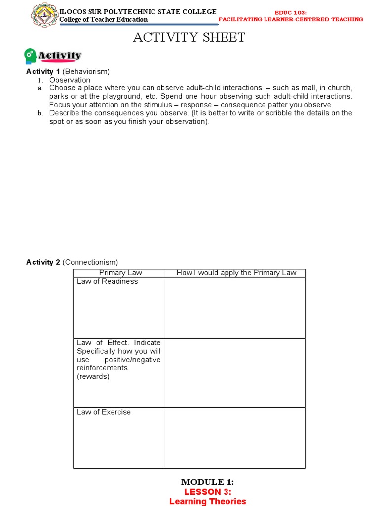 Activity Sheet Module 1 - Lesson 3 | Download Free PDF | Teaching ...