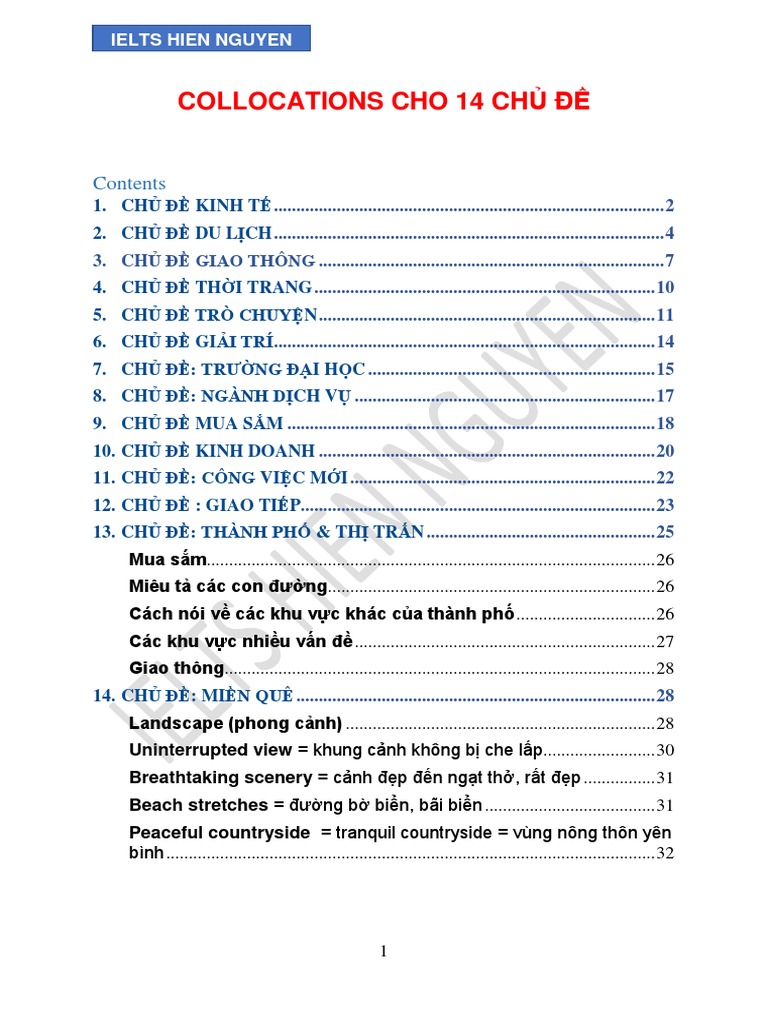 COLLOCATIONS CHO 14 CHỦ ĐỀ | PDF