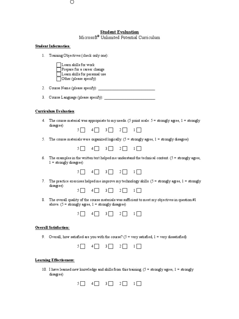 Student Evaluation Form | PDF | Curriculum | Learning