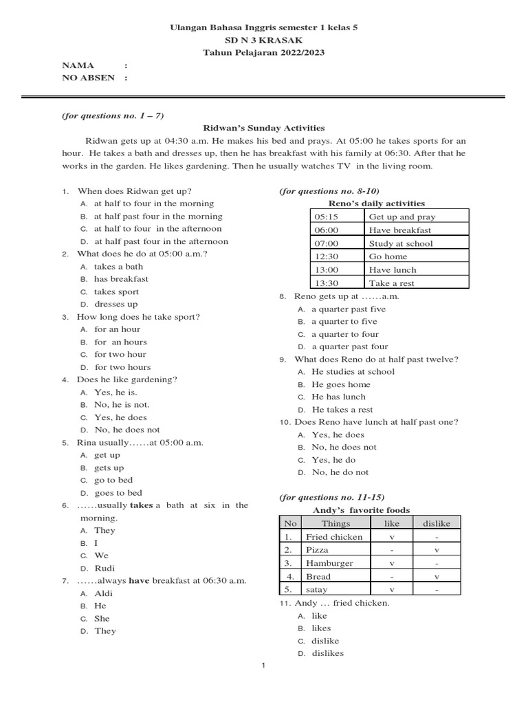 Soal BHS Inggris Kelas 5 | PDF