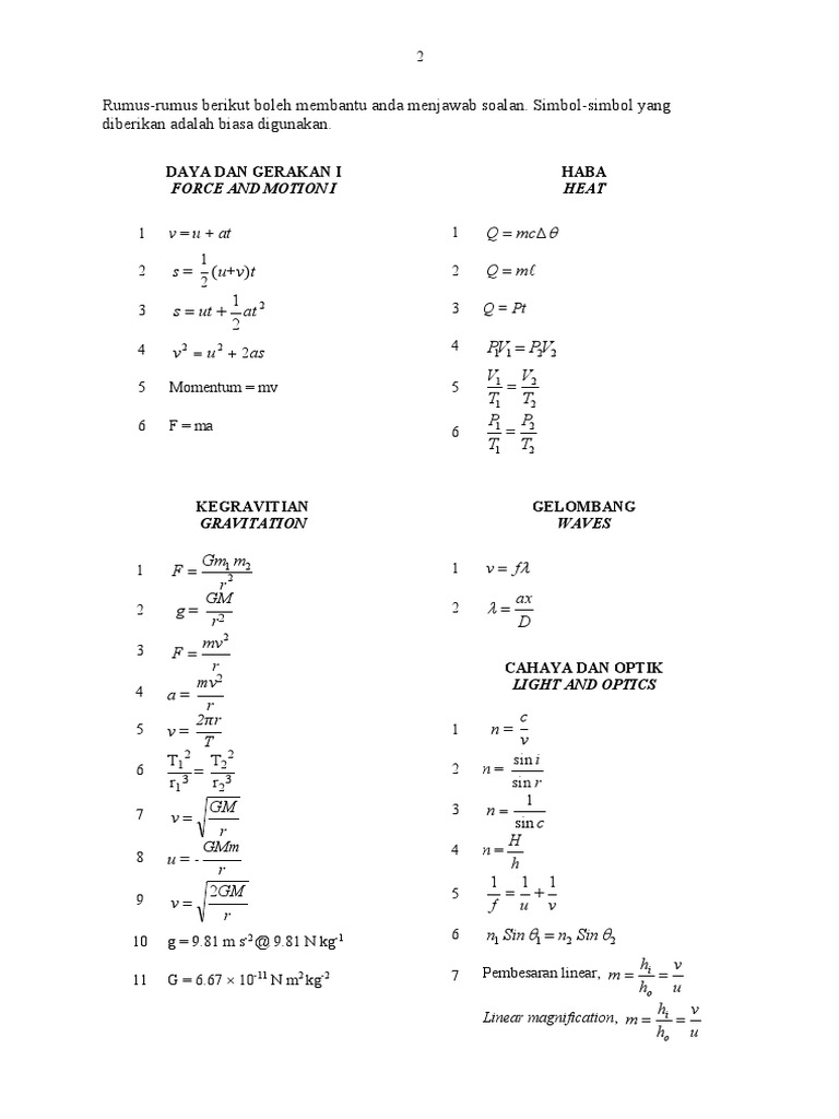 SPM 2021 Formula List | Download Free PDF | Quantity | Quantum Mechanics