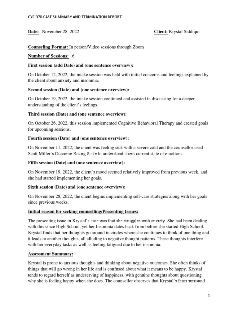 Cyc 370 - Case Summary Termination Report | PDF | Psychotherapy | Thought