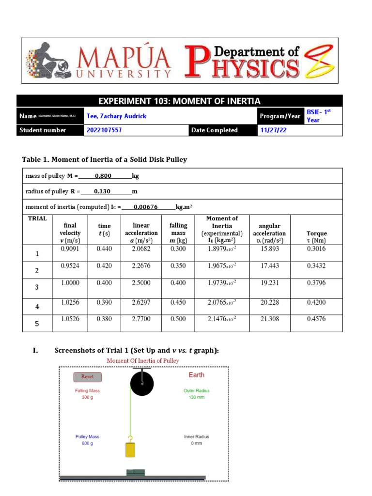 Experiment 103: Moment of Inertia Analysis | PDF | Torque | Acceleration