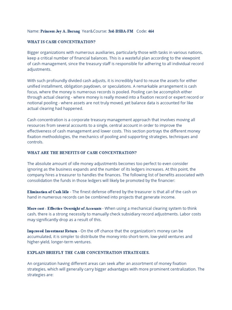 Cash Concentration Essay | PDF | Money | Economies