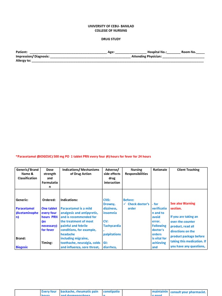 DRUG STUDY - SAMPLE | PDF | Analgesic | Medical Treatments