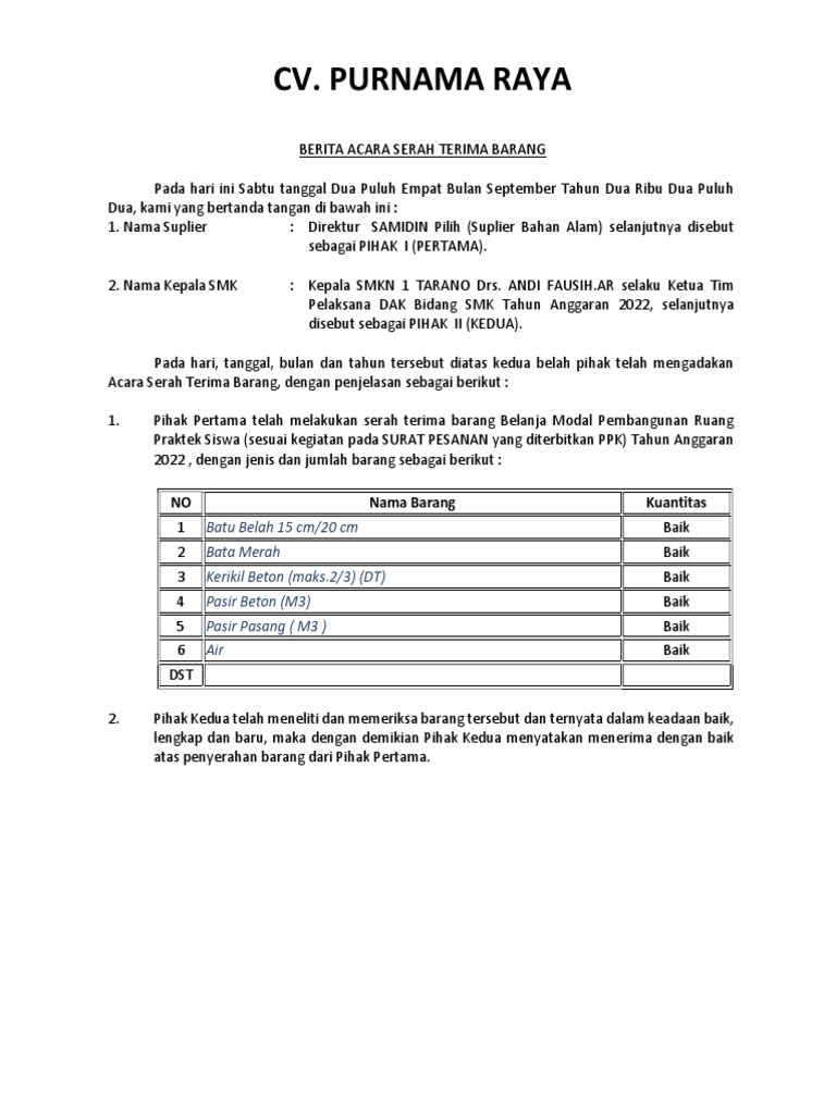 CV PURNAMA RAYA BERITA ACARA SERAH TERIMA BARANG | PDF