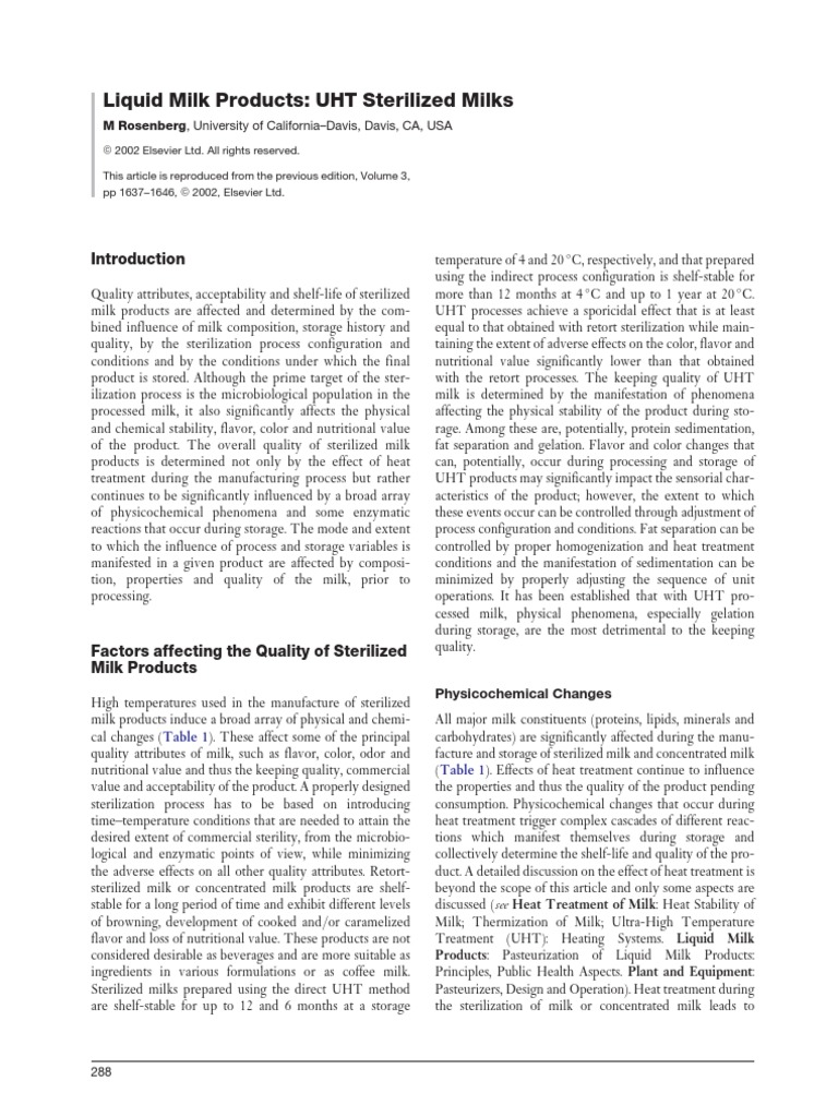 Liquid Milk Products: UHT Sterilized Milks: M Rosenberg, University of California-Davis, Davis ...