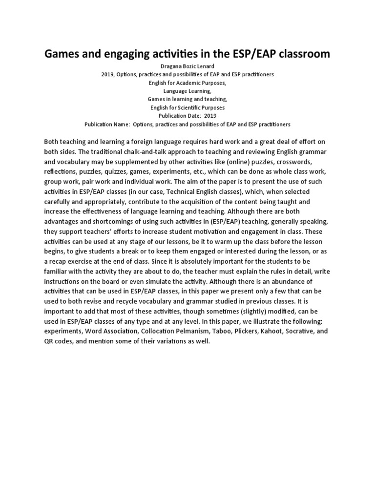 Games and Engaging Activities in The ESP | PDF | Characters In Romeo And Juliet | Romeo And Juliet