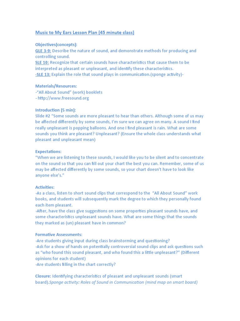 Music To My Ears Lesson Plan | PDF | Lesson Plan | Cognition