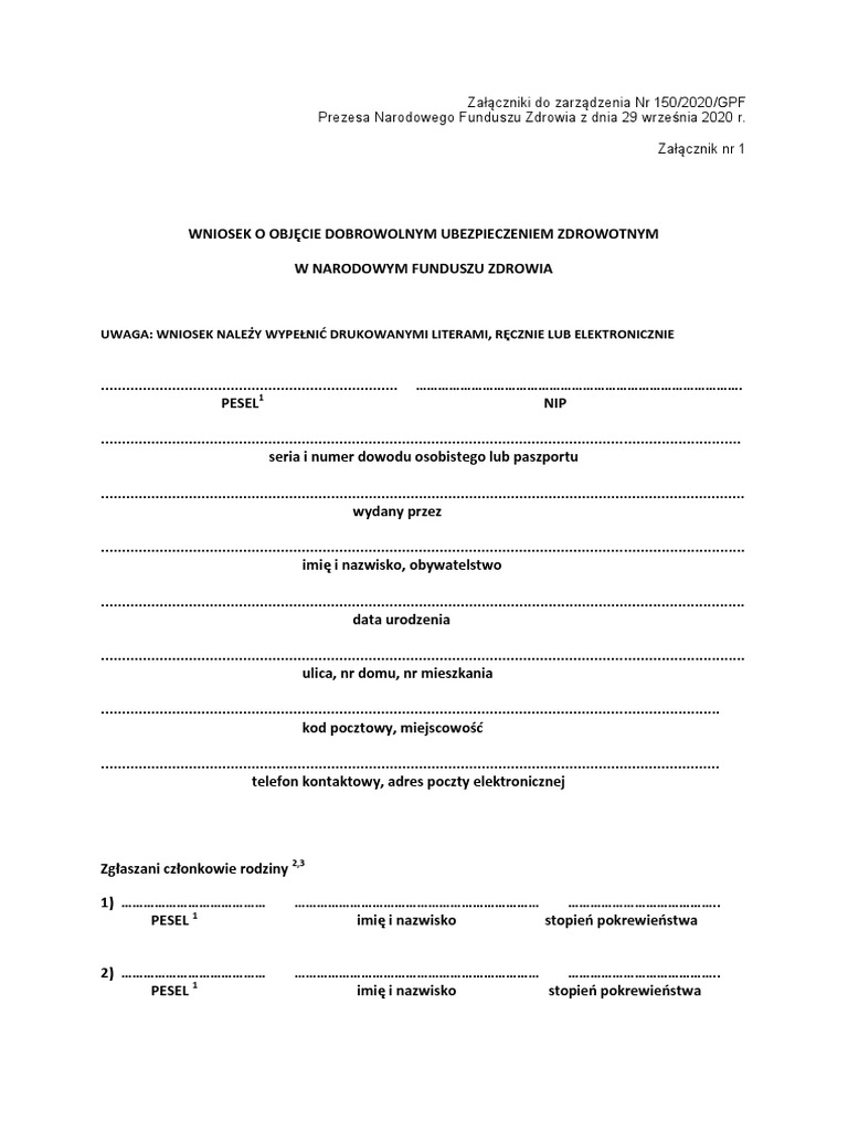 Wniosek o Objecie Dobrowolnym Ubezpieczeniem Zdrowotnym | PDF