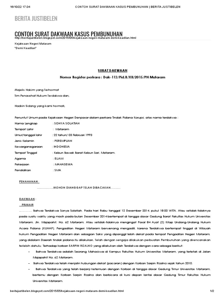 Contoh Surat Dakwaan Kasus Pembunuhan | PDF