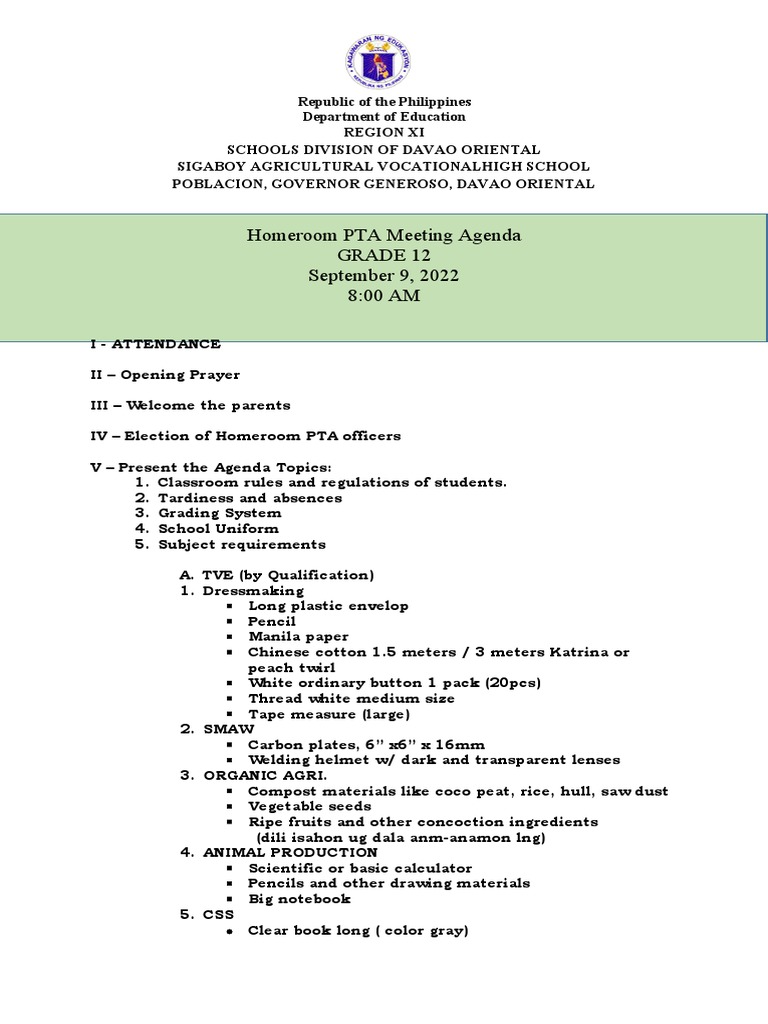 Homeroom PTA Agenda | PDF