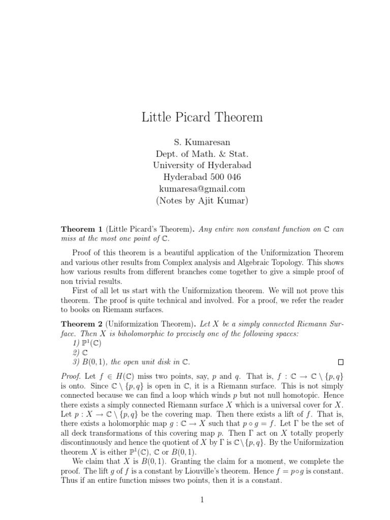 Little Picard Theorem | PDF | Topological Spaces | Functions And Mappings