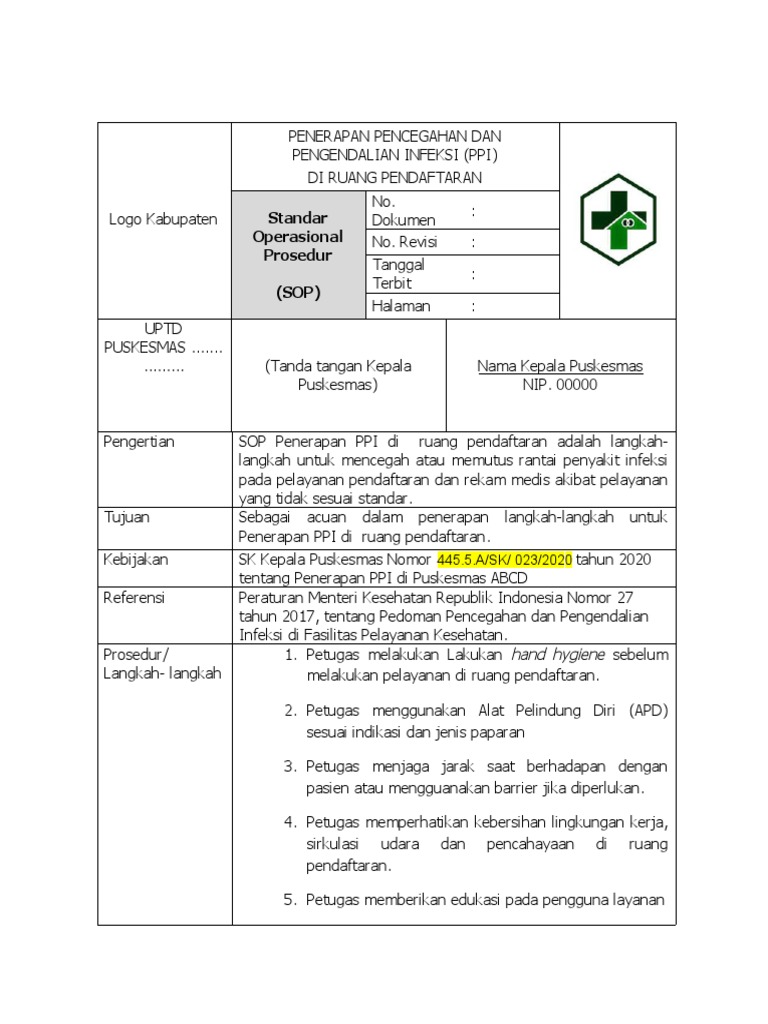 SOP Penerapan PPI Di Ruang Pendaftaran | PDF
