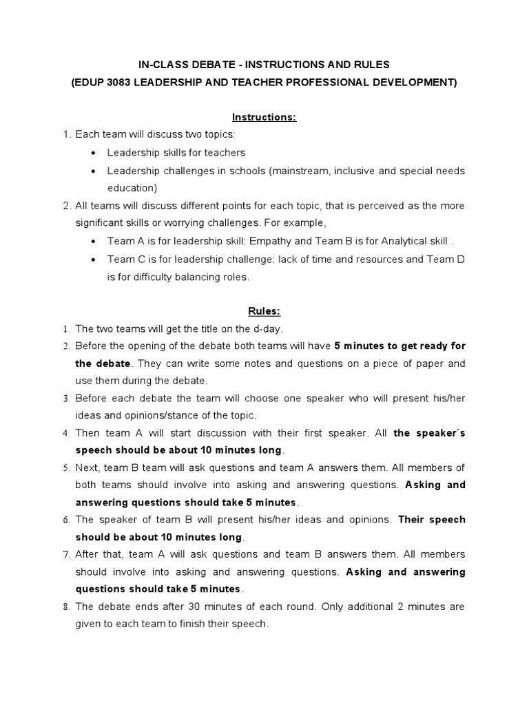 Guidelines and Scoring Criteria for an In-Class Debate on Leadership ...