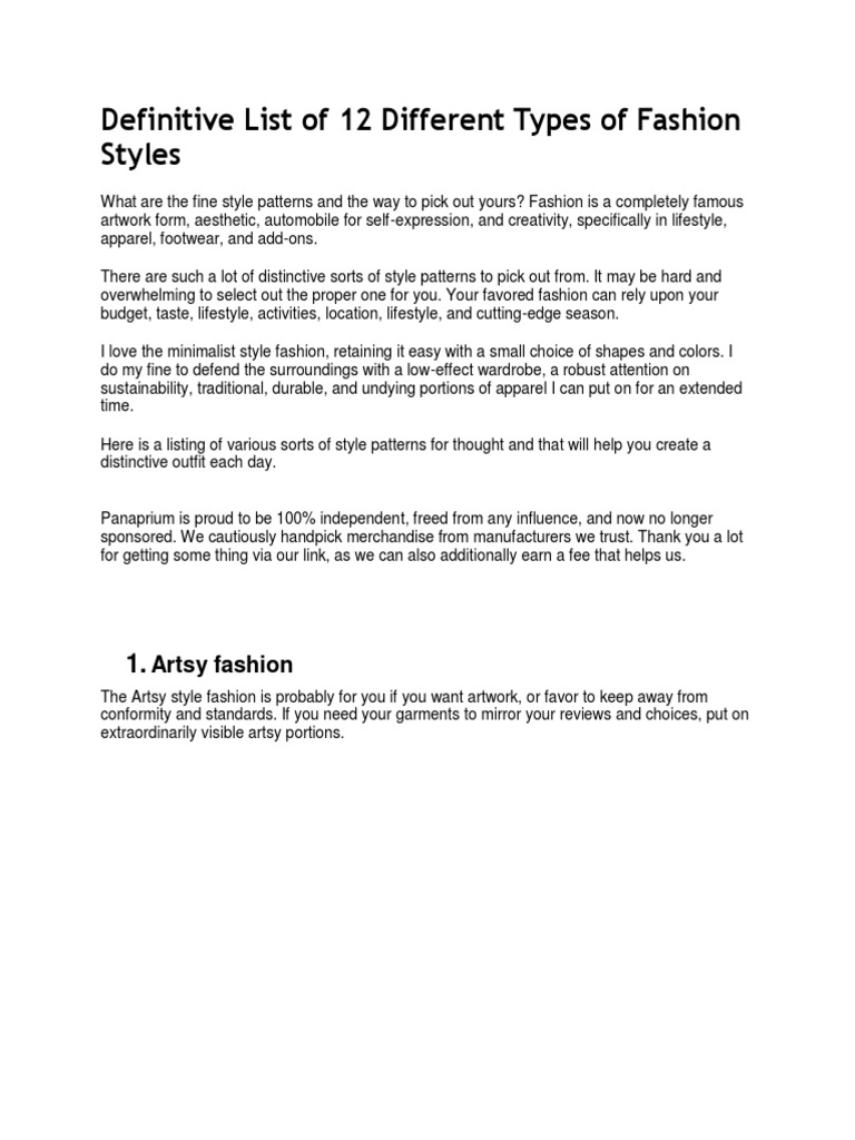 Definitive List of 12 Different Types of Fashion Styles | PDF