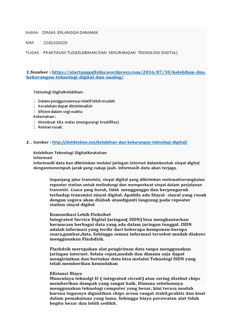 Tugas TLD Kelebihan Dan Kekurangan Digital (Dimas Erlangga - 2242102020) | PDF