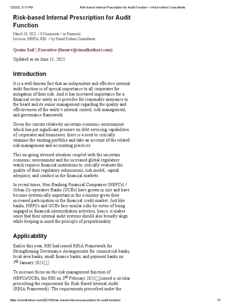 Risk-Based Internal Prescription For Audit Function - Vinod Kothari Consultants | Download Free ...